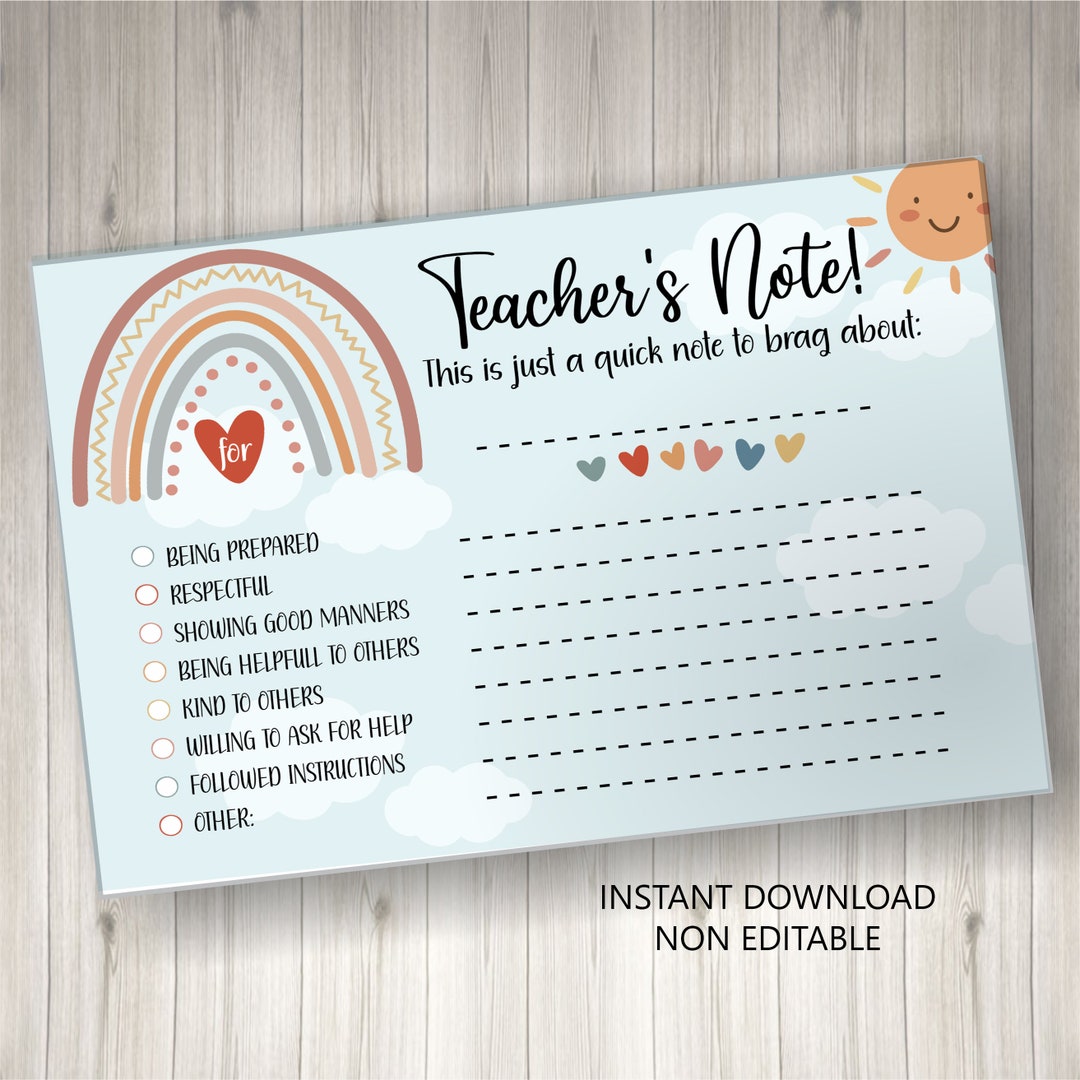 Boho Rainbow Teacher Note, Teacher Report, Good Report From Teacher ...