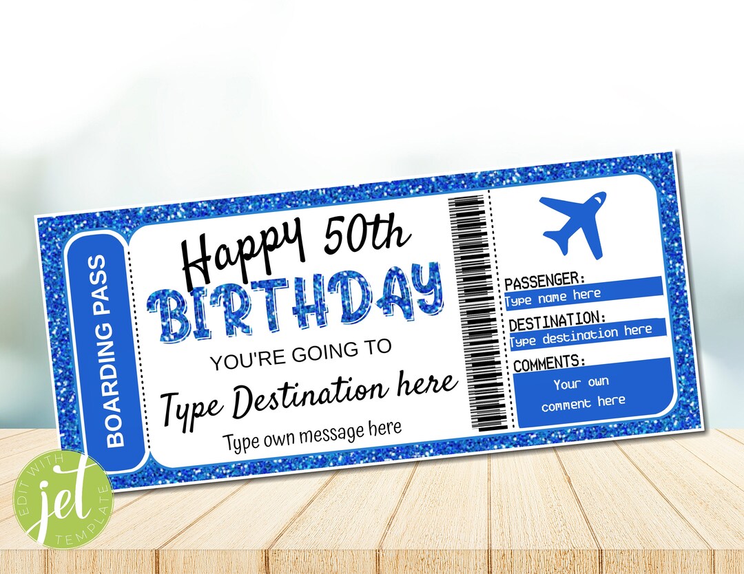 Editable 50th Birthday Boarding Pass Template, Surprise Trip Gift, Fake ...