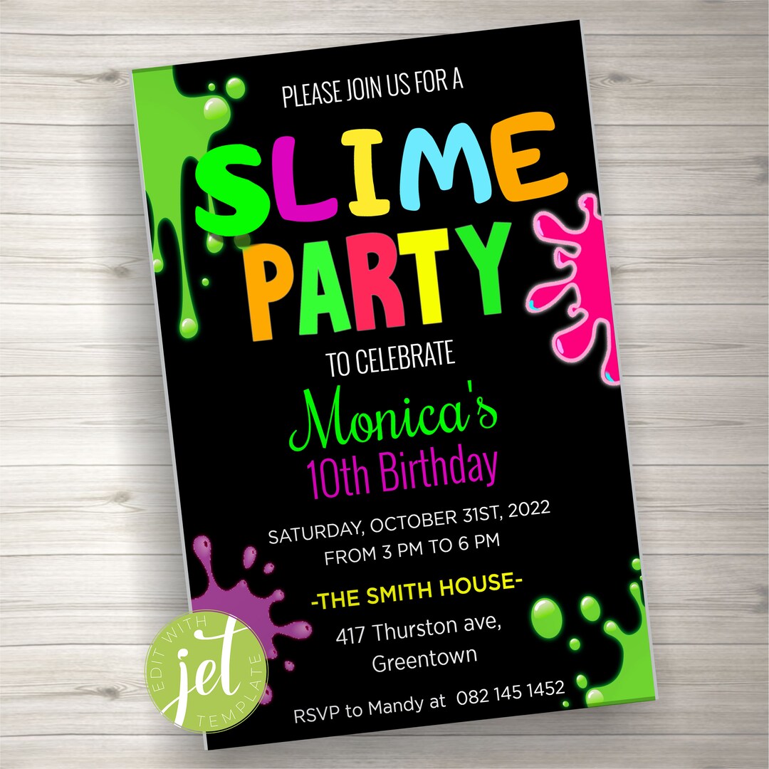 Editable Slime Party Invite Template Neon Slime Party - Etsy