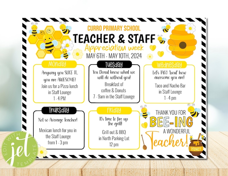 EDITABLE Bee Teacher & Staff Appreciation Flyer, Honeycomb Itinerary ...