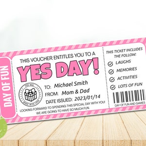 Editable Yes Day Ticket Kids Best Day Ever Gift Card Yes Day - Etsy