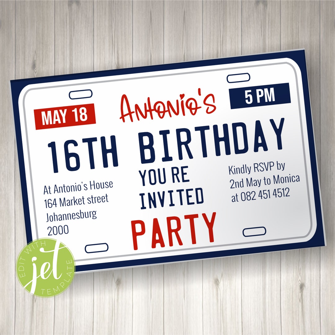 Editable 16th Birthday License Plate Invitation Any Age - Etsy