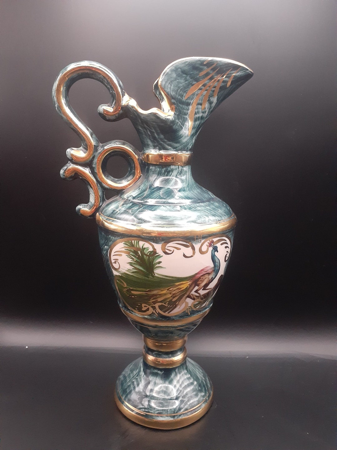 Vintage H. Bequet Quaregnon Hand Painted Peacock Pitcher Vase Belgium ...