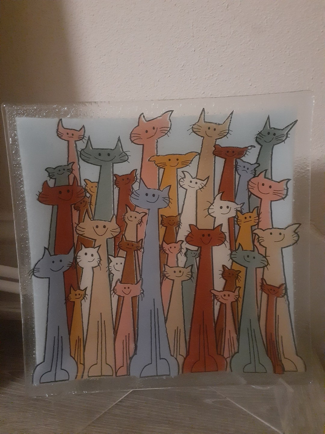 Peggy Karr Glass 10” CATS Square Plate Signed - Etsy