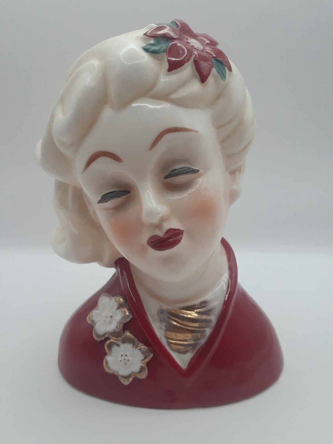 Glamorous Lady Head Vase, Poinsettias, Red Lips, Eyelashes, Collectible ...