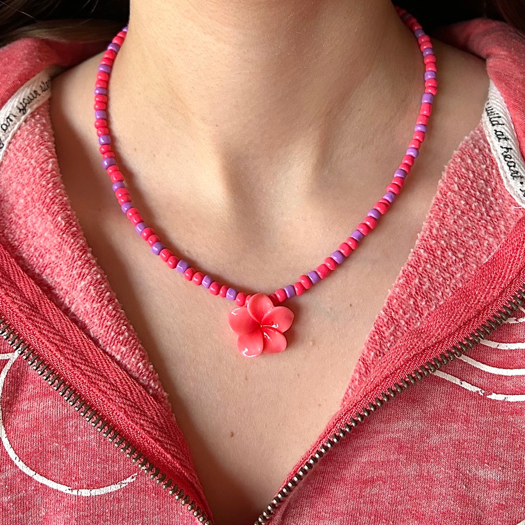 Hawaiian Plumeria Flower Seed Bead Choker Necklace hot Pink/purple - Etsy