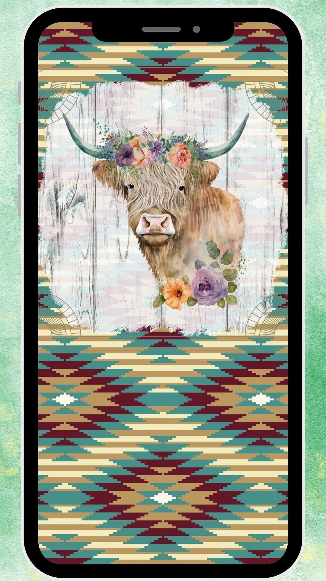 Western Aztec Highland Cow Phone Wallpaper,aztec Wallpaper,digital ...