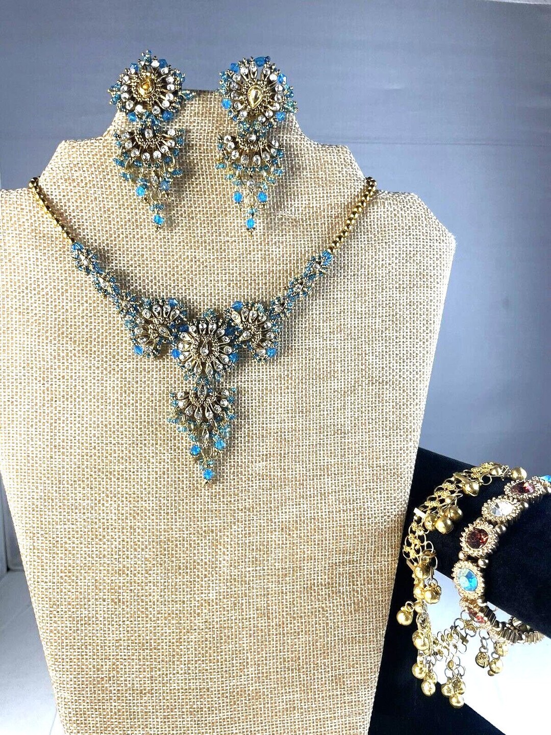 South Indian Necklace Set Bollywood Gold Plated Blue Victorian Wedding ...