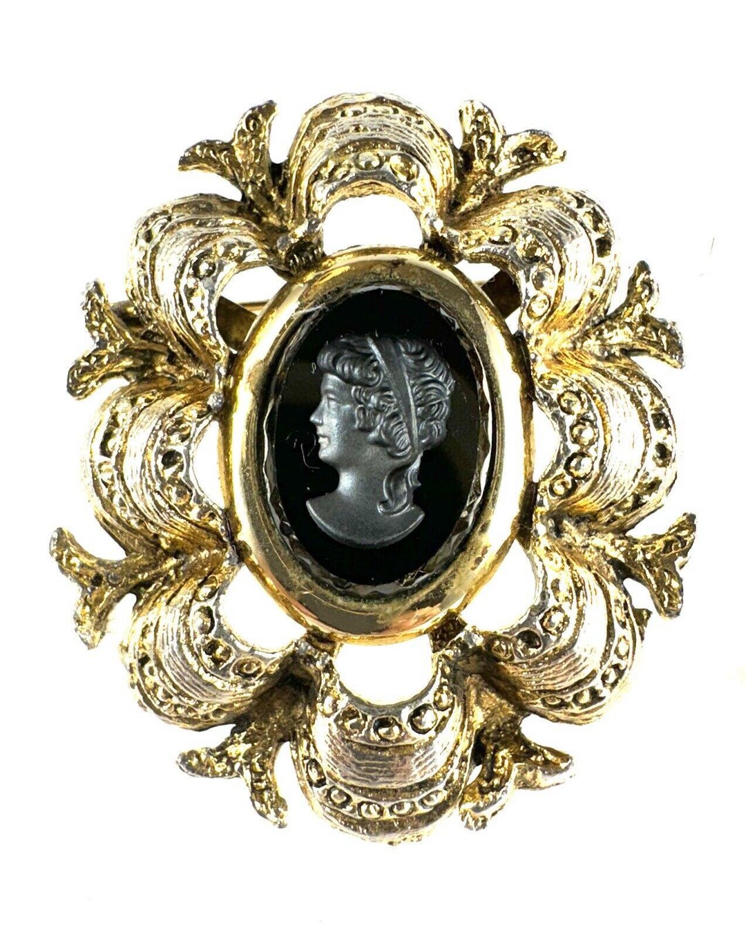 Vintage Black Cameo Brooch Victorian Revival Gold Tone Filigree ...