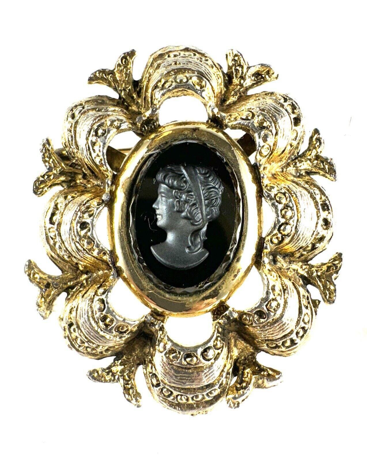 Vintage Black Cameo Brooch Victorian Revival Gold Tone Filigree ...