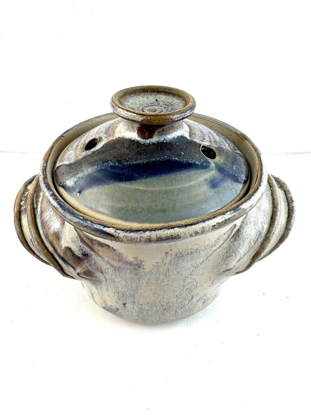 Vtg Studio Pottery Jar With Vent Lid W/ Handles Hand Thrown Blue Glaze ...