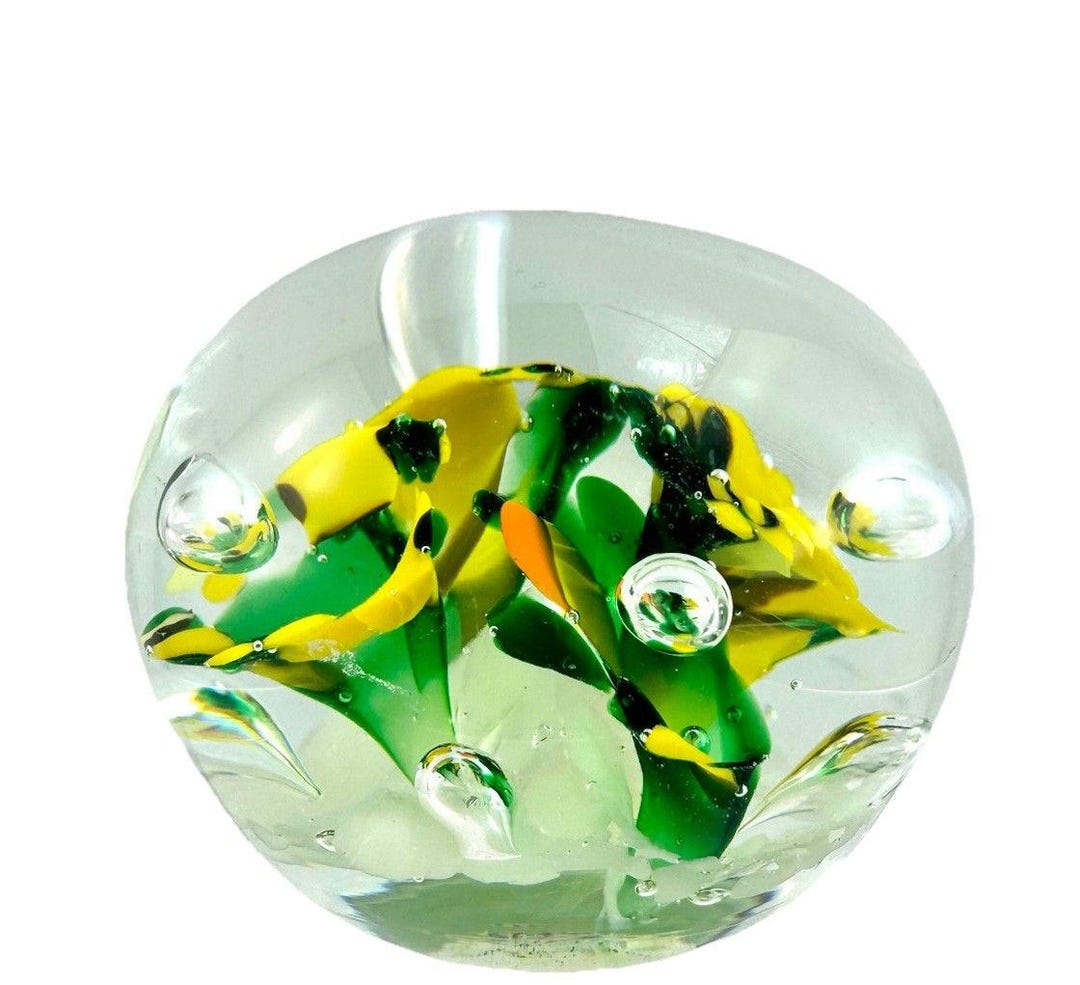 Gentile Art Glass Paperweight Star City VA Yellow Flowers Glass Marked ...