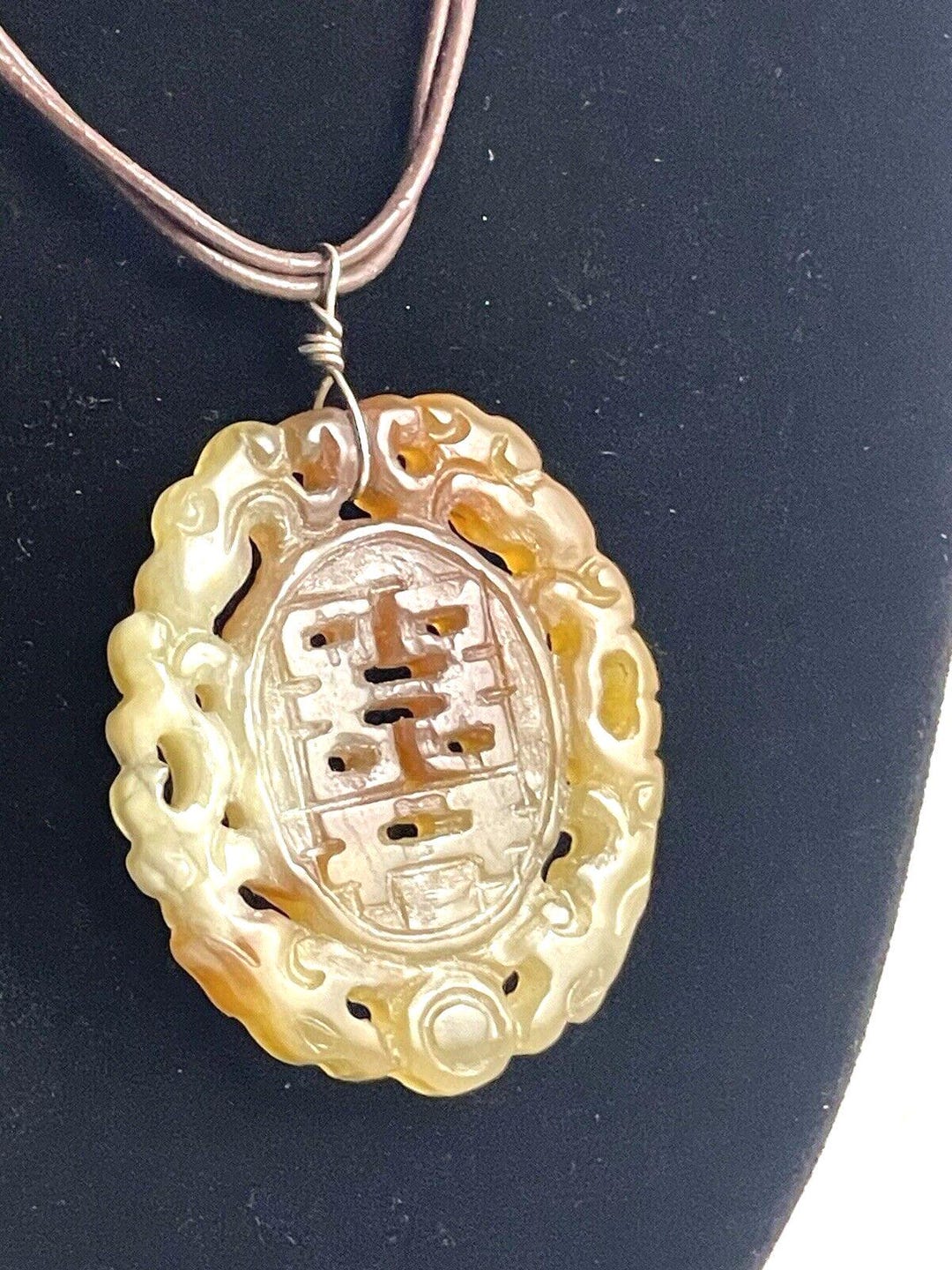 Vintage Chinese Carved Yellow Brown Jade Pendant With Leather Cord 925 ...
