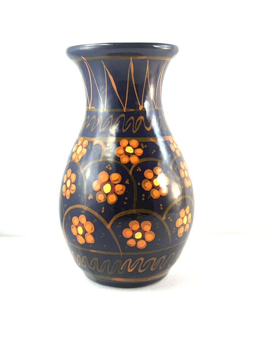 VTG Mexican Redware Vase Terracotta Pottery Vase Blue W/ Flowers Hand ...