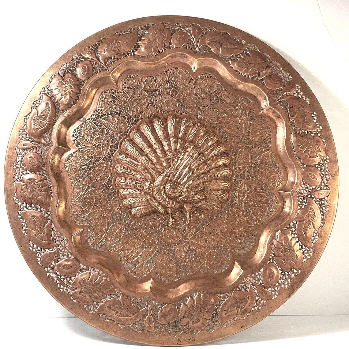 Antique Copper Tray Peacock Mixed Metal Brass Filigree XL Exceptional ...