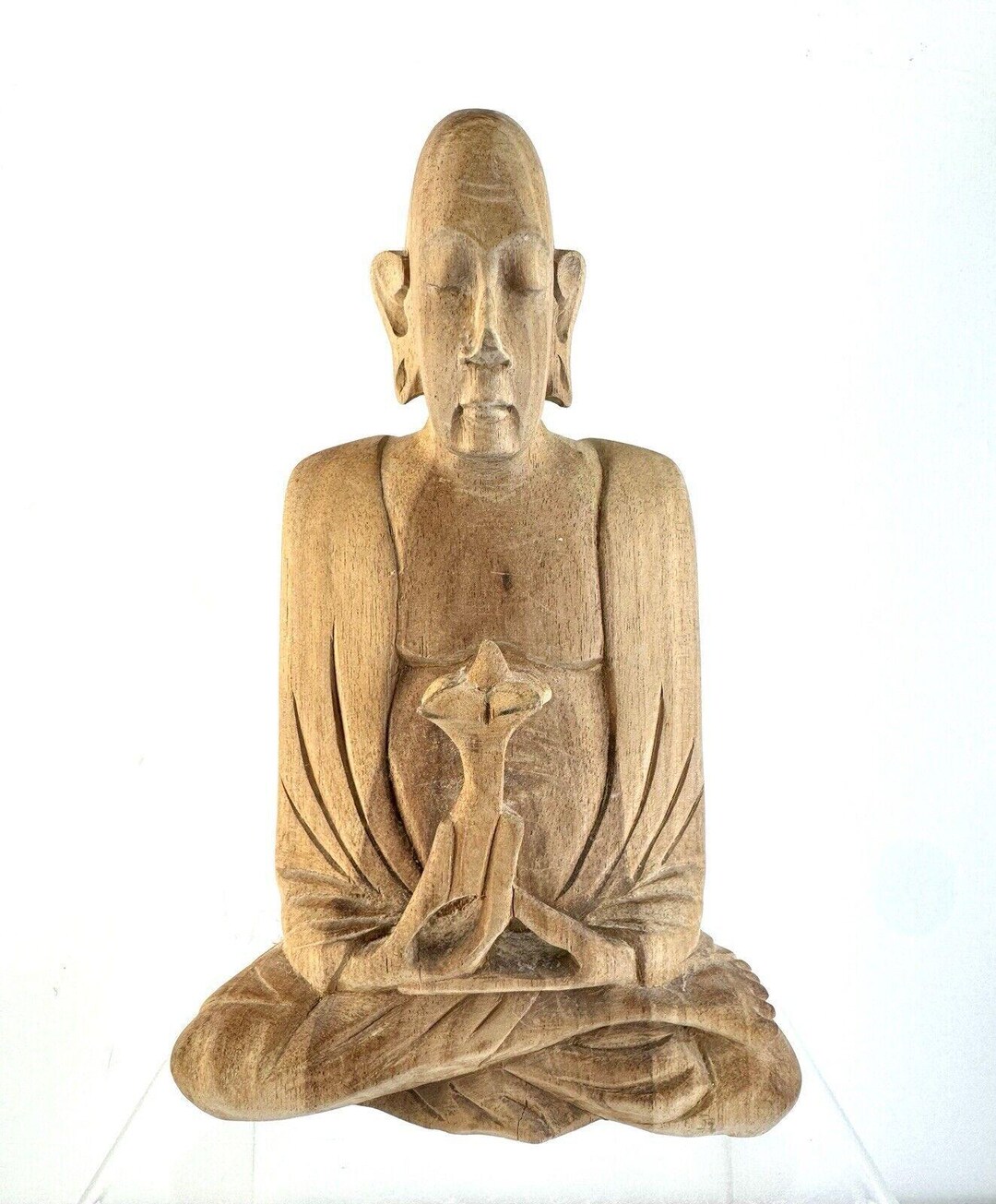 Wooden Meditating Zen Monk Statue Figure Hand Carved Vintage Buddhism ...