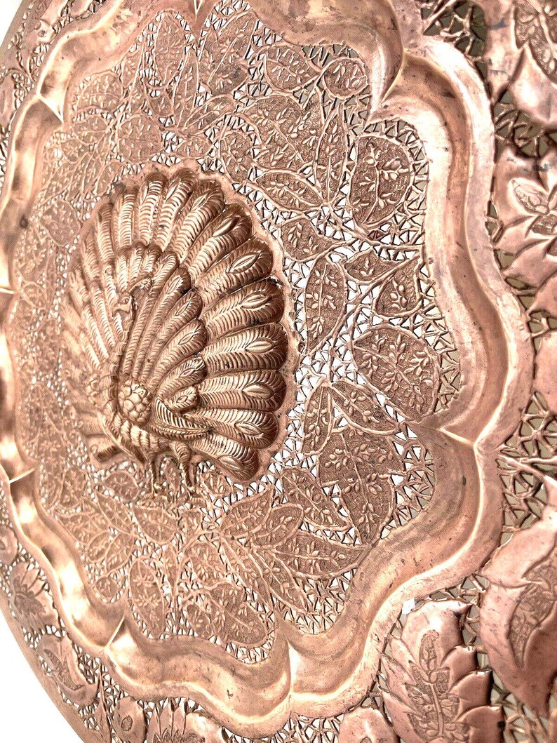 Antique Copper Tray Peacock Mixed Metal Brass Filigree XL Exceptional ...