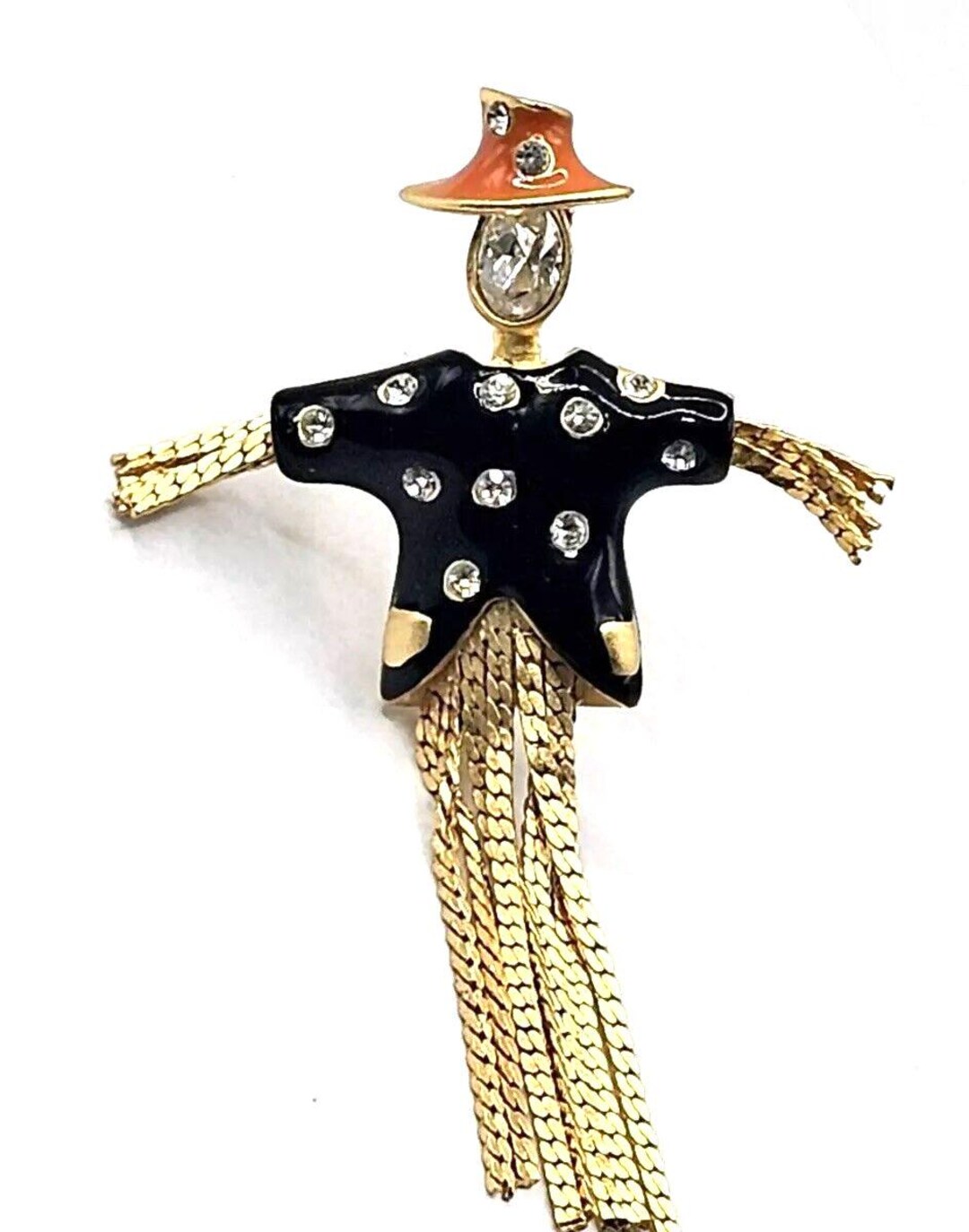 Pauline Rader Scarecrow Brooch Pin Gold Tone Enamel Rhinestones Vintage ...