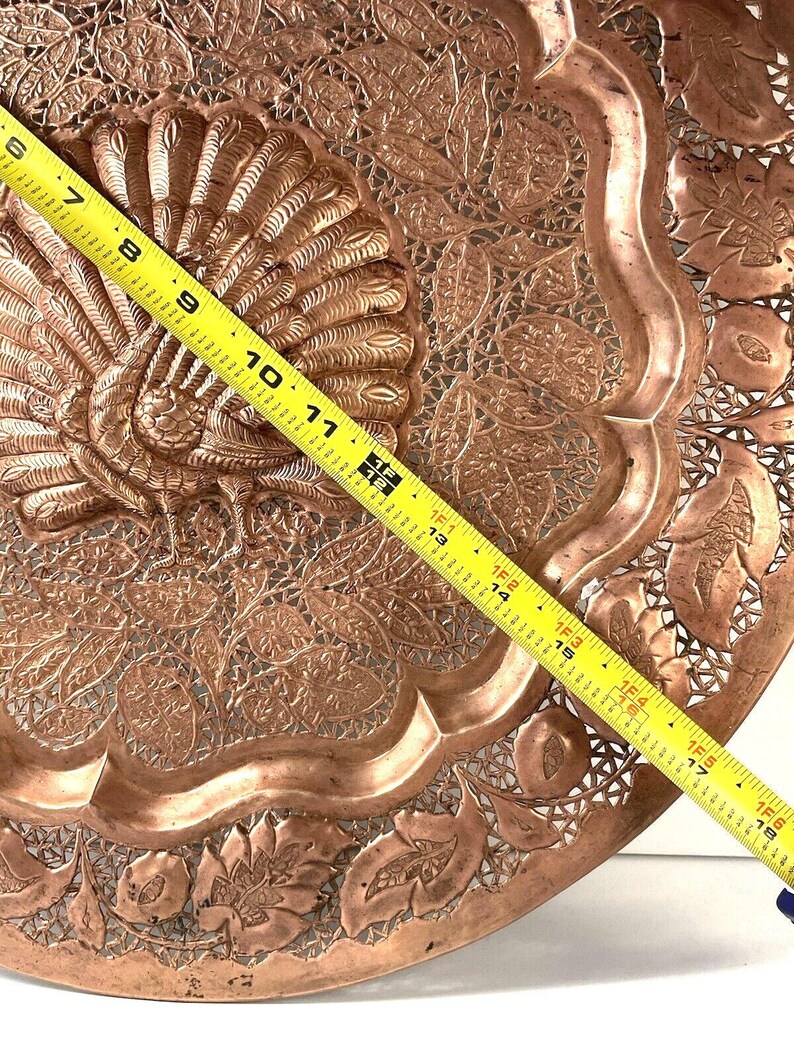 Antique Copper Tray Peacock Mixed Metal Brass Filigree XL Exceptional ...
