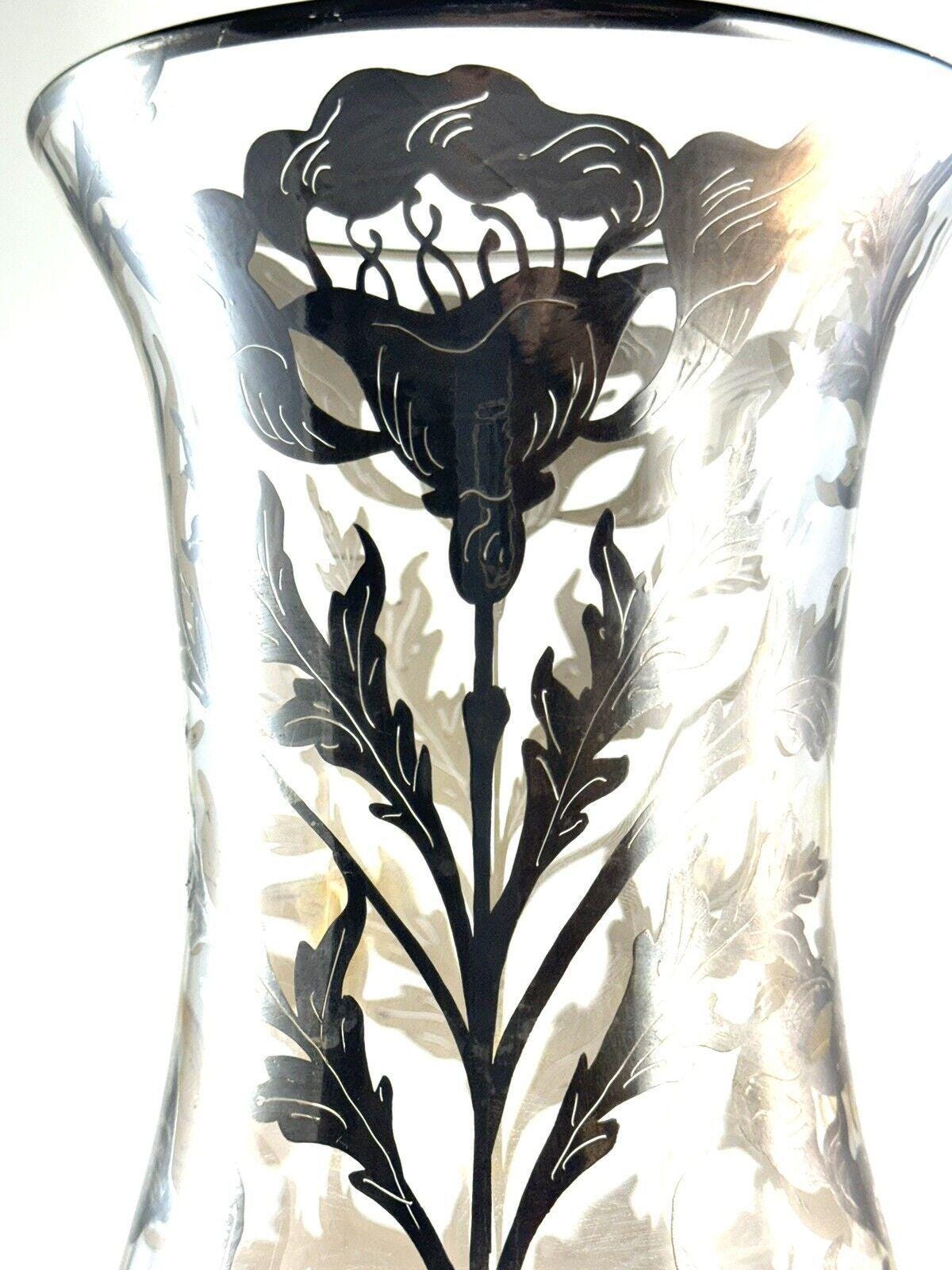 Antique American Silver Overlay Glass Vase, Circa 1910. Floral & Leaf ...