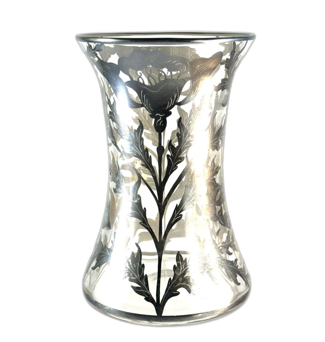 Antique American Silver Overlay Glass Vase, Circa 1910. Floral & Leaf ...