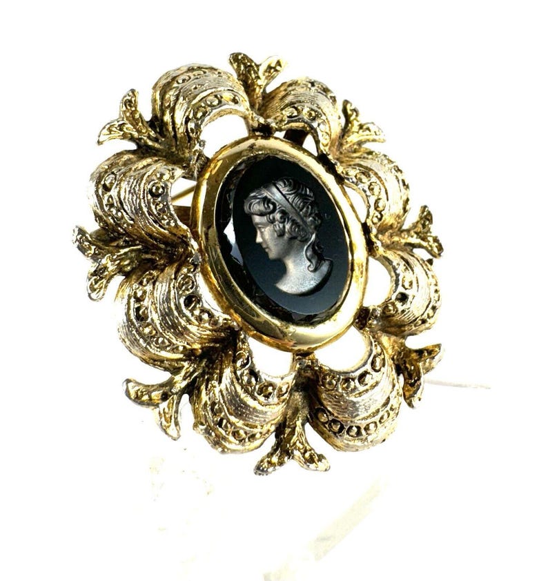 Vintage Black Cameo Brooch Victorian Revival Gold Tone Filigree ...