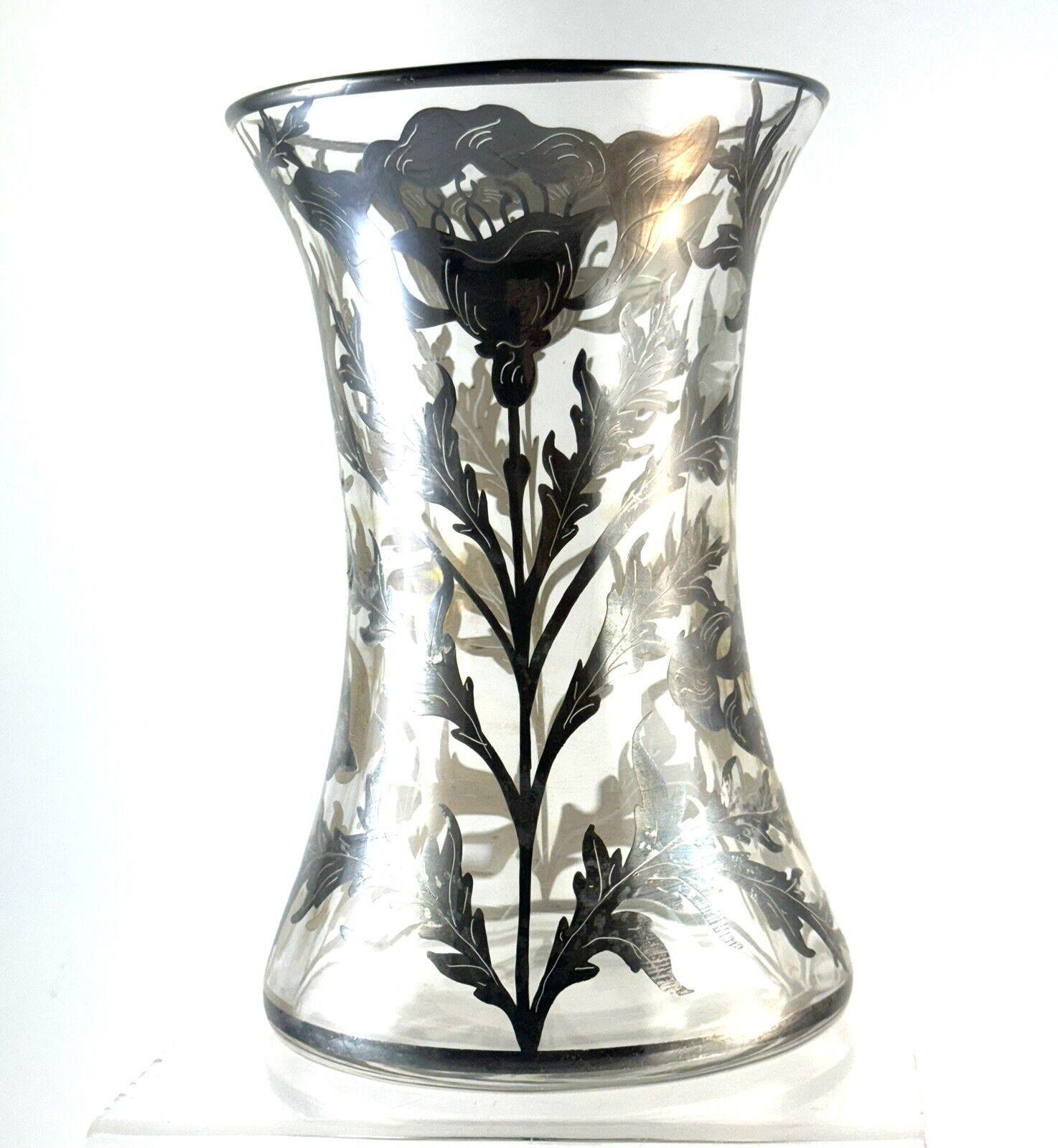 Antique American Silver Overlay Glass Vase, Circa 1910. Floral & Leaf ...