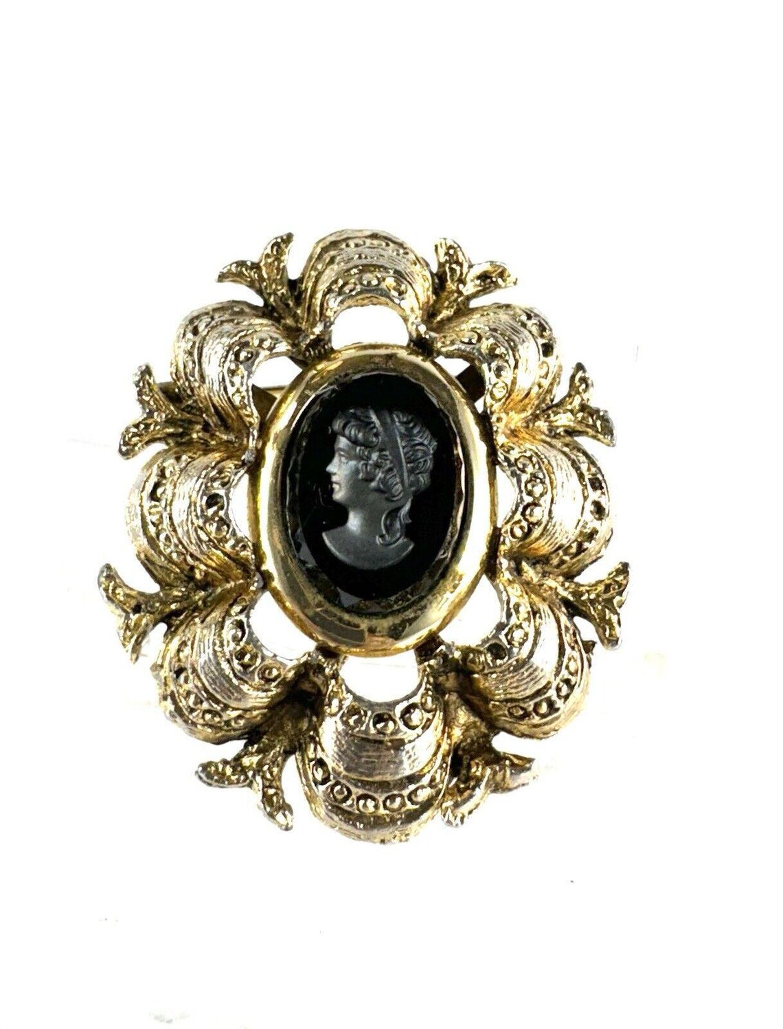 Vintage Black Cameo Brooch Victorian Revival Gold Tone Filigree ...