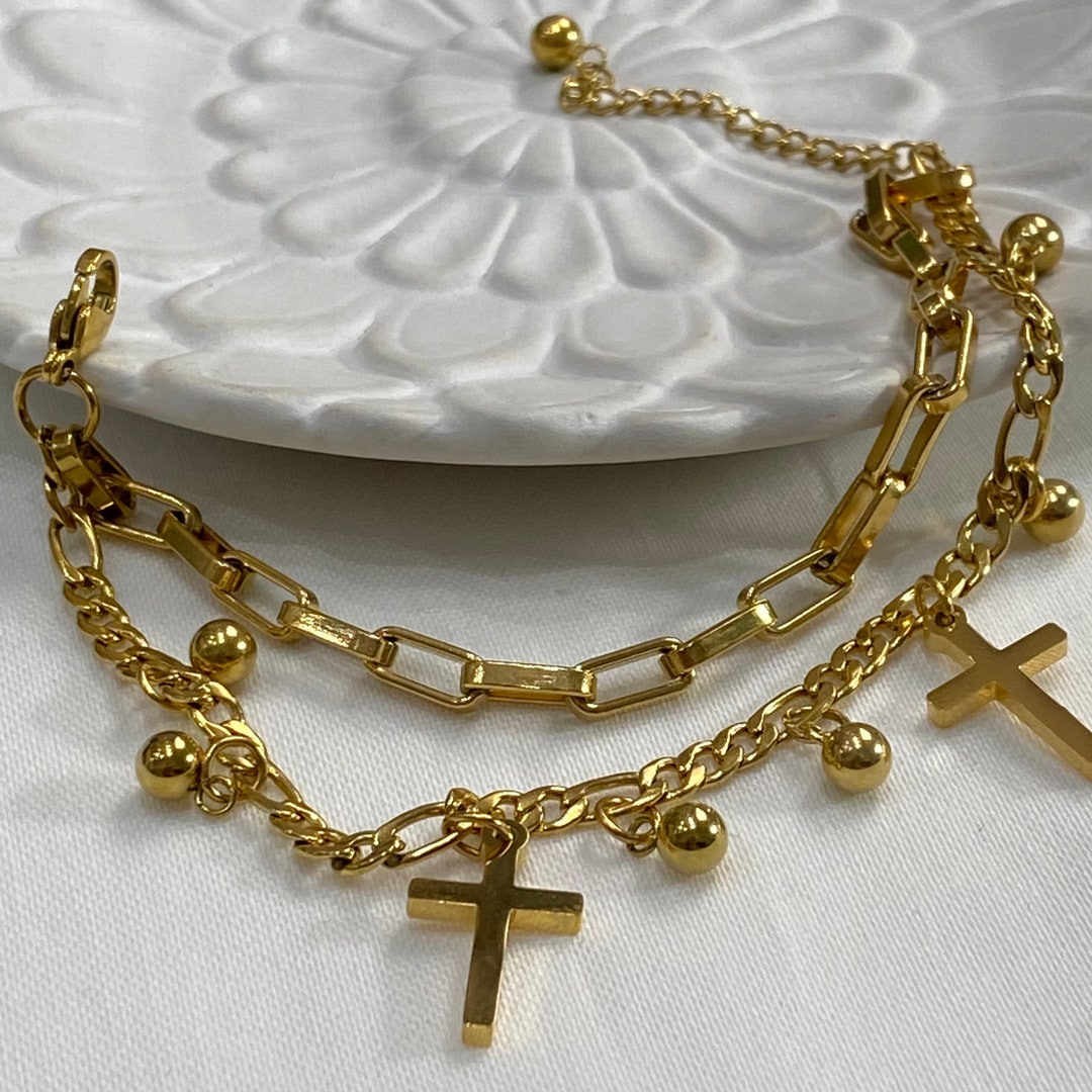 Gold Double Chain Cross Bracelet: Stainless Steel Charm Bracelet - Etsy