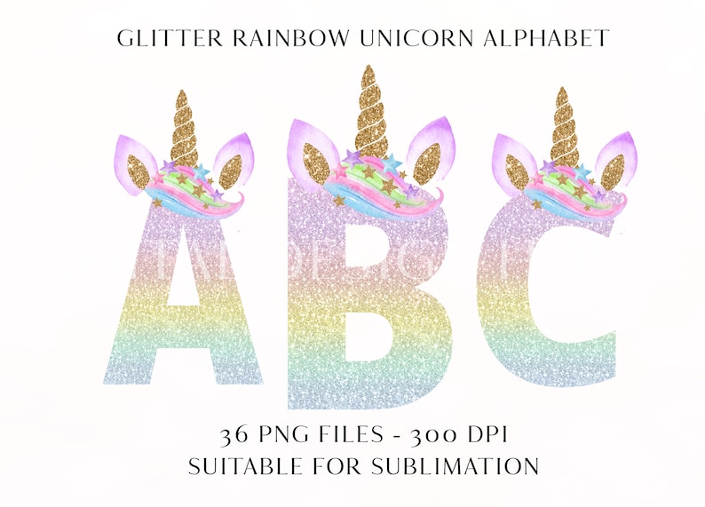 Rainbow Glitter Unicorn Alphabet: PNG Clipart, Scrapbooking (digital ...