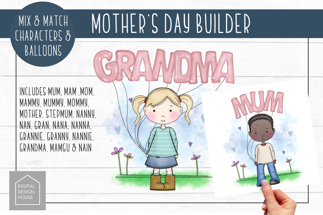 Mothers Day Boy & Girl With Balloons Character Builder Pngs - Etsy