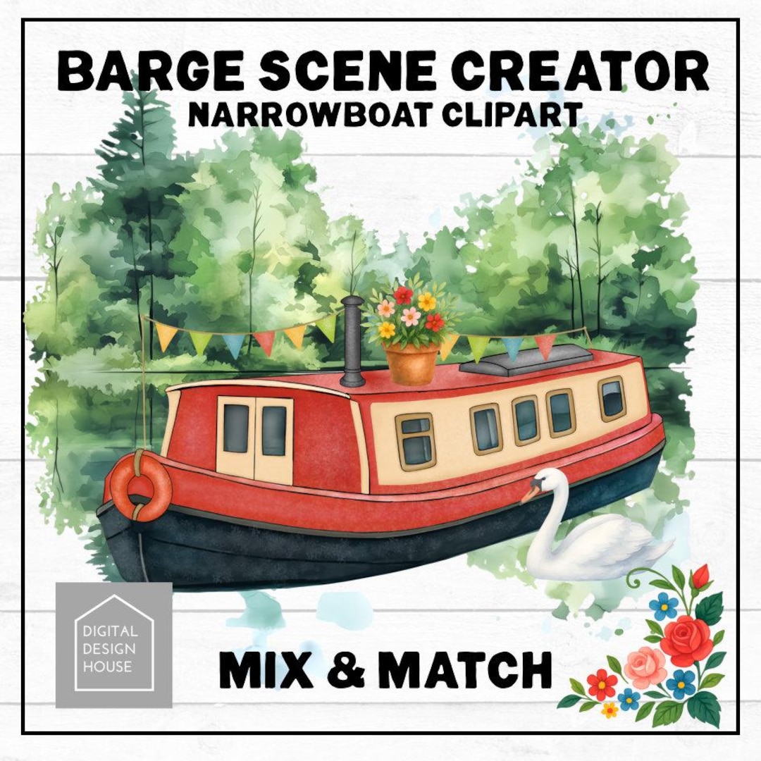 Watercolor Narrowboat Clipart: Barge Scene Builder PNG Set (digital ...