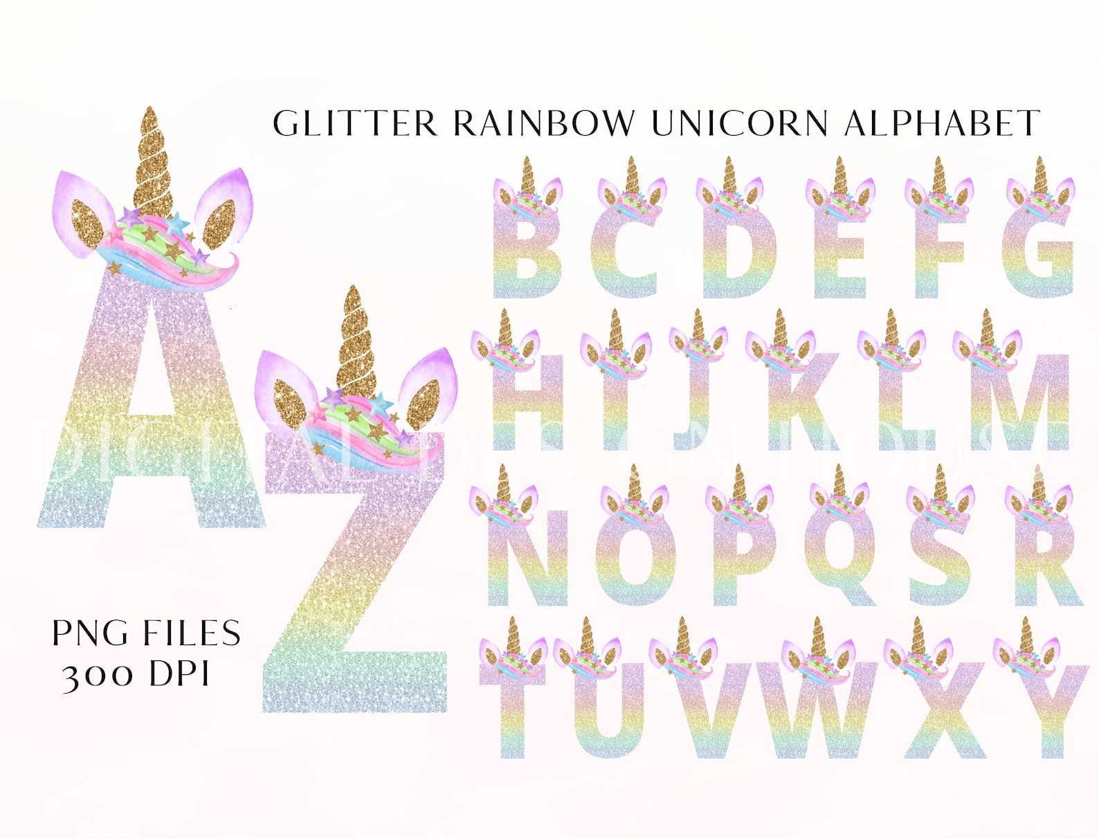 Rainbow Glitter Unicorn Alphabet: PNG Clipart, Scrapbooking (digital ...