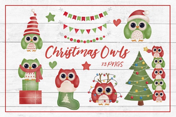 Christmas Owls Clipart Bundle Cute Illustrations for | Etsy
