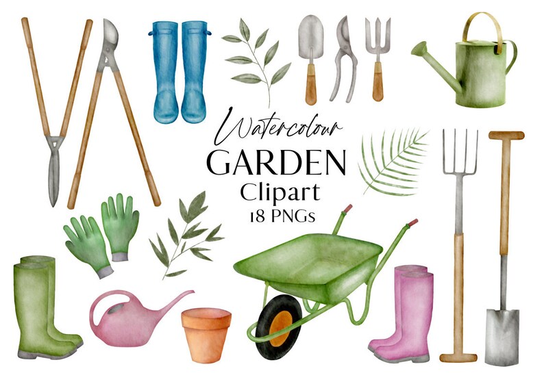 Watercolor Garden Clipart Set: Gardening Tools (18 X 300 DPI PNG Files ...