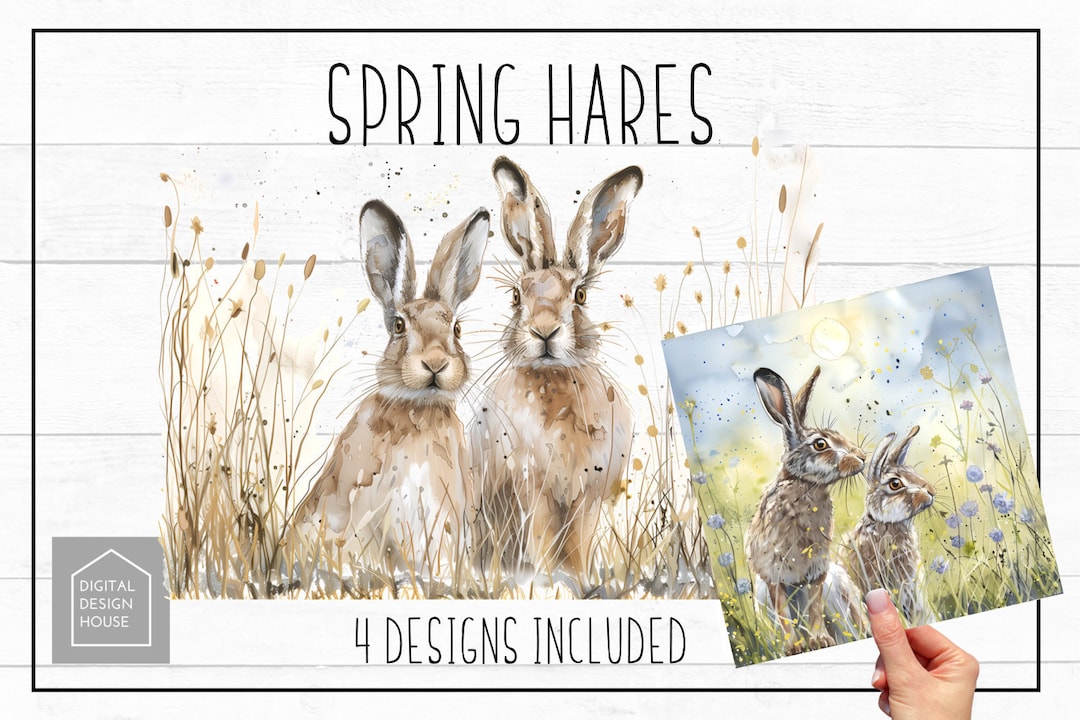 Spring Hares |hare Watercolour Art | 4 Designs PNG Instant Download for ...