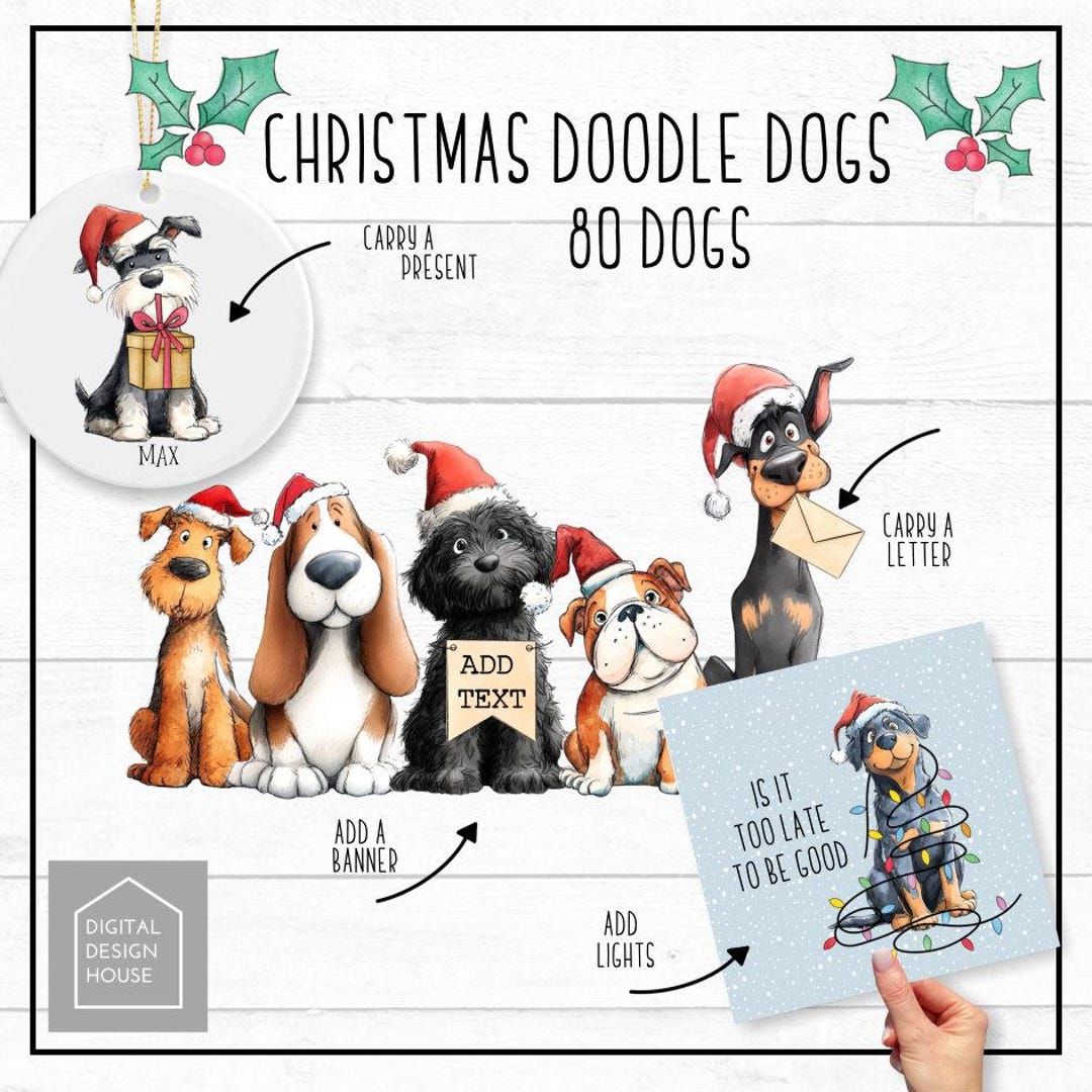 CHRISTMAS DOODLE DOGS - A Collection of 80 Dogs Wearing Santa Hats Pngs ...