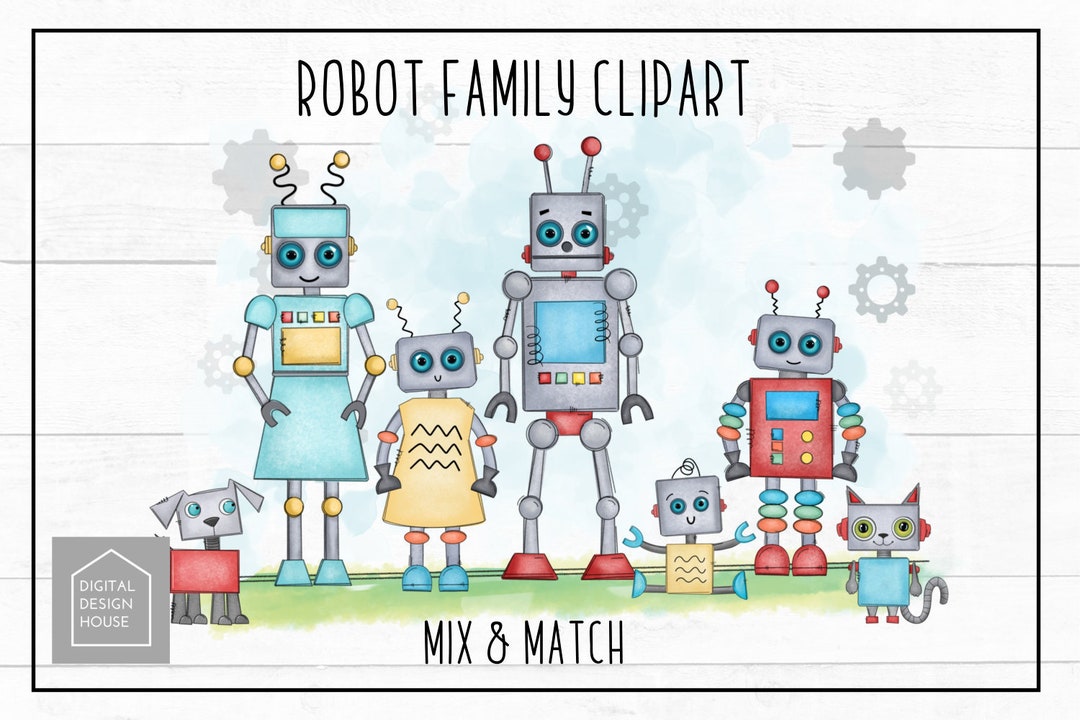 ROBOT FAMILY Hand Drawn Clipart With Robot Dog & Cat Included PNGS for ...