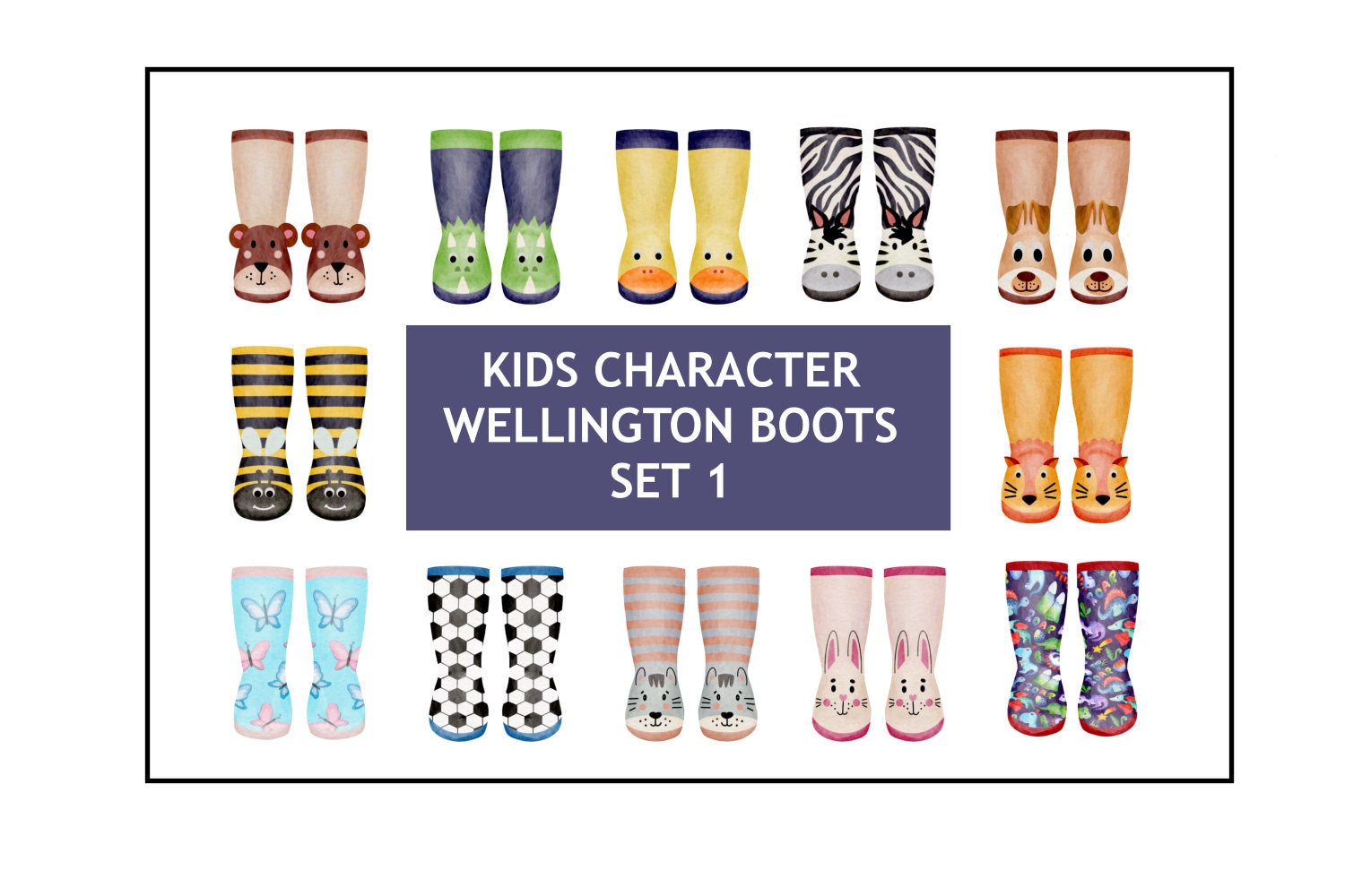Welly Watercolor Clipart Set Kids Character Wellington Boots | Etsy