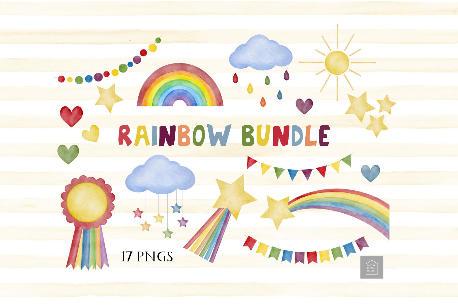 Watercolour Rainbow Clipart Set Rainbow Elements Including Rosette ...