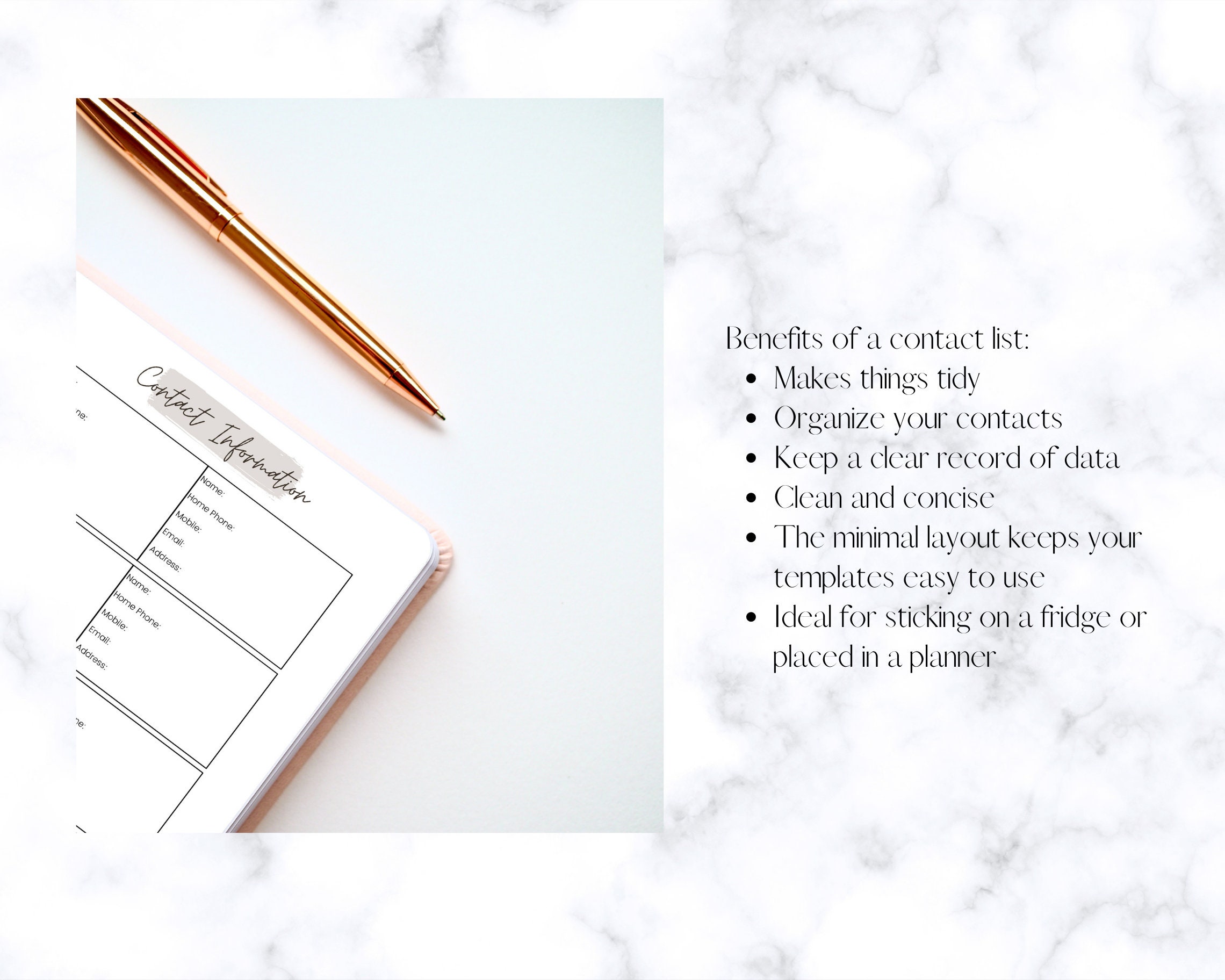 Printable Digital Contact List, Print at Home Planner Pages, Instant ...