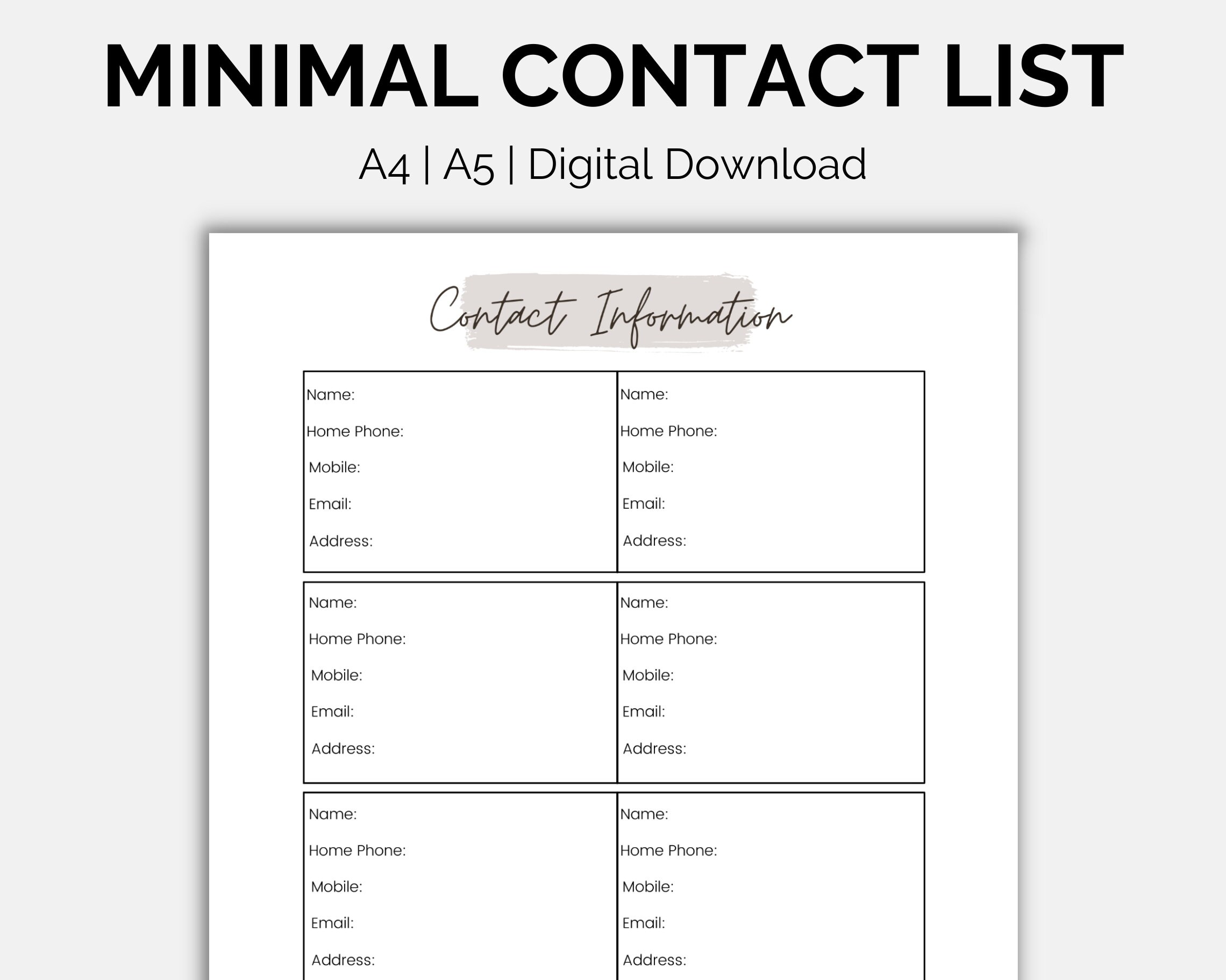 Printable Digital Contact List, Print at Home Planner Pages, Instant ...
