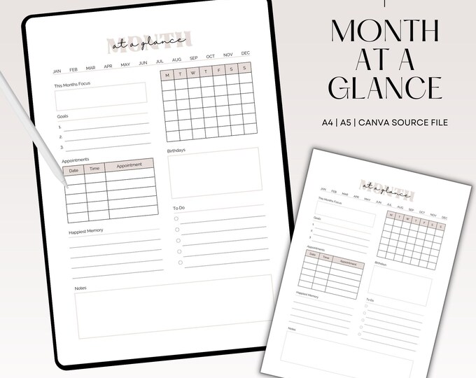 Printable Monthly Plan | Fillable Month at a Glance | Monthlty Goals ...
