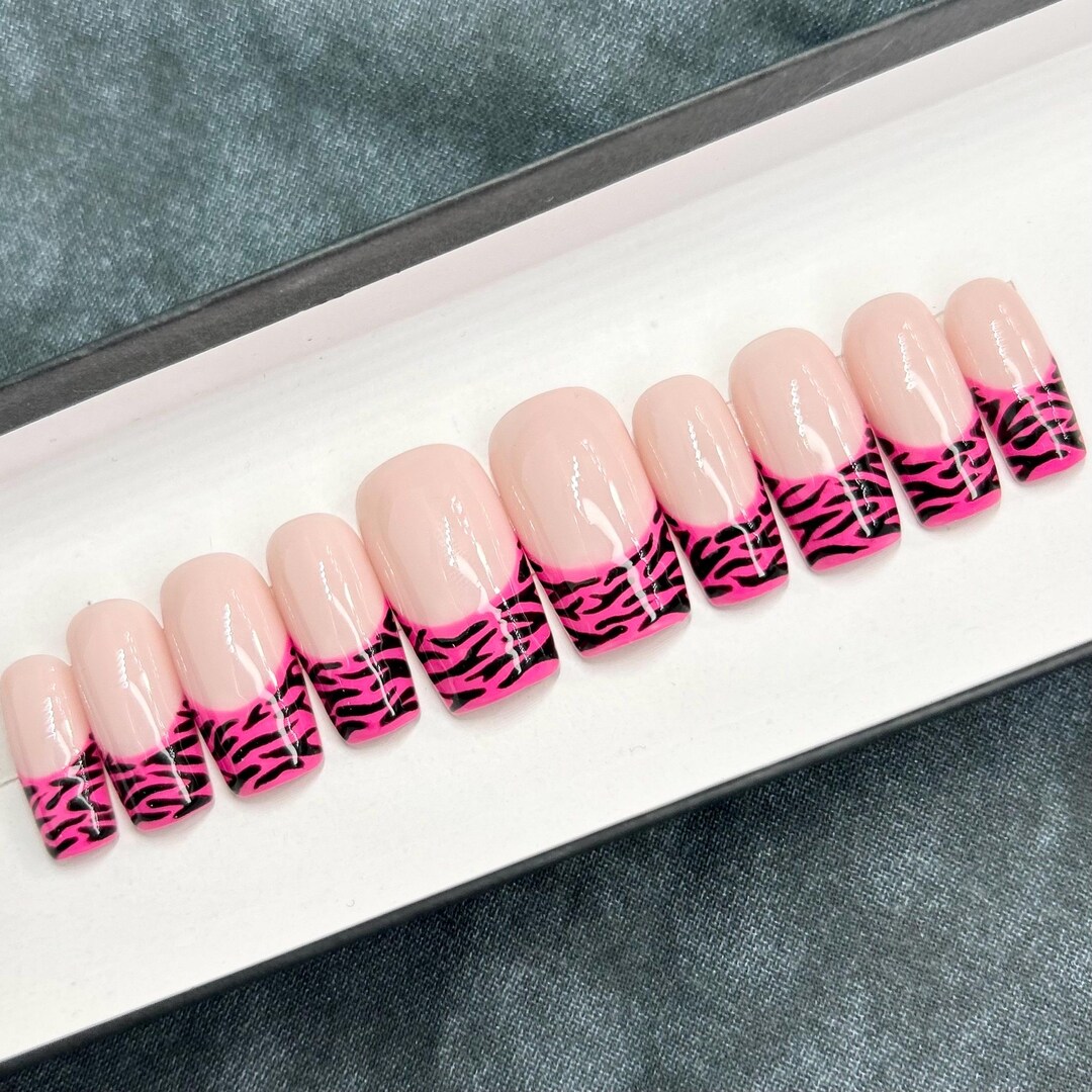 Hot Pink French Tip With Black Zerbra Stripes Press on Nails - Etsy