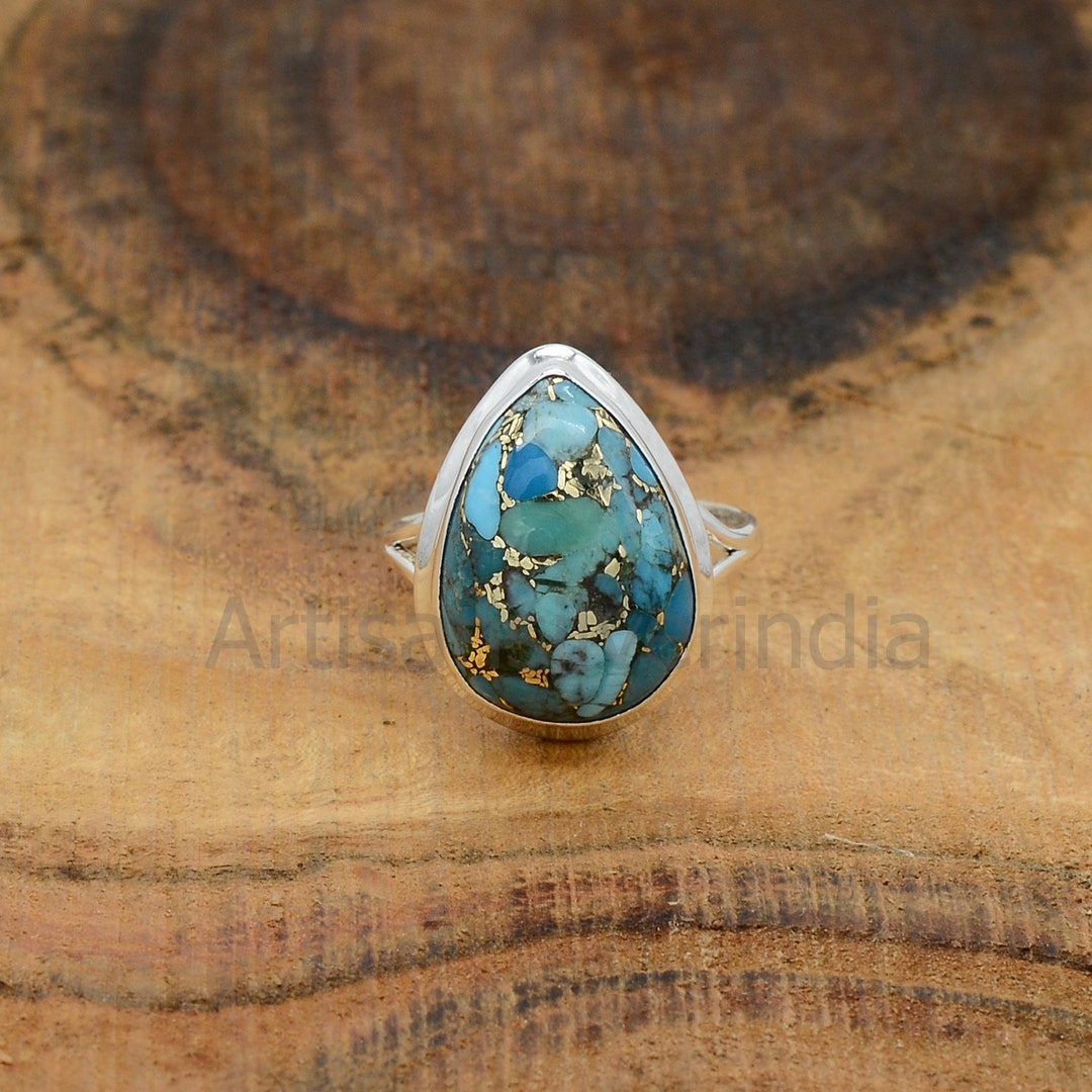 Blue Copper Turquoise Ring, Sterling Silver Ring, Pear Design Ring ...