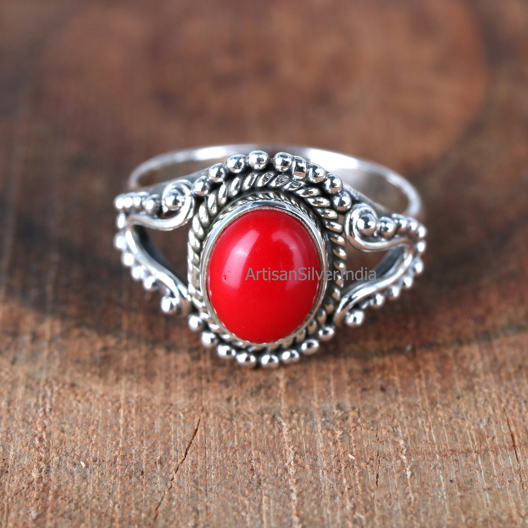 Coral Gemstone Ring Sterling Silver Ring Handmade Ring Gift - Etsy