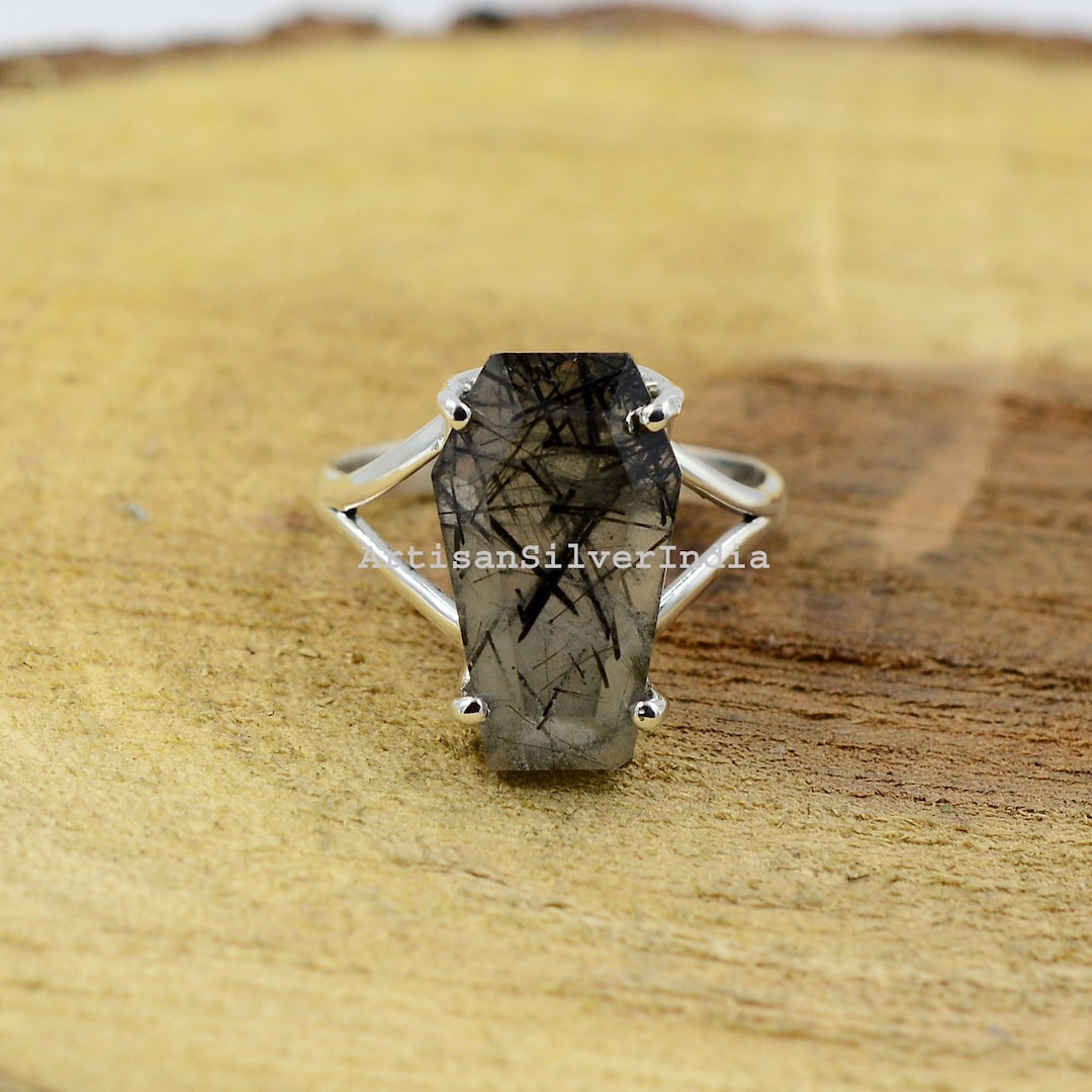 Black Rutile Coffin Ring, 925 Silver Ring, Boho Ring, Ring for Women ...