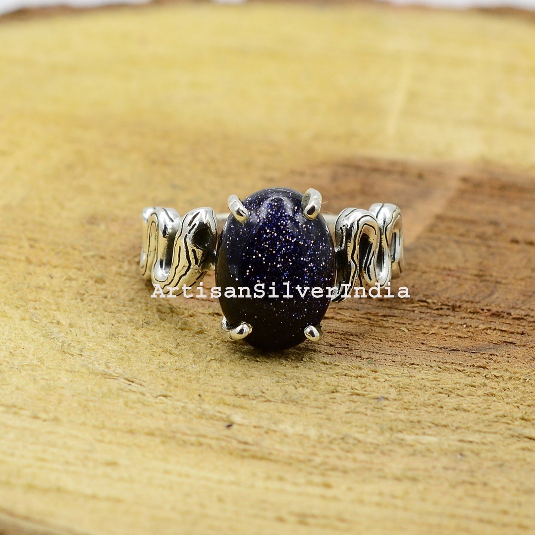 Blue Goldstone Ring, 925 Silver Ring, Statement Ring, Sandstone Ring, Snake Ring, Promise Ring ...
