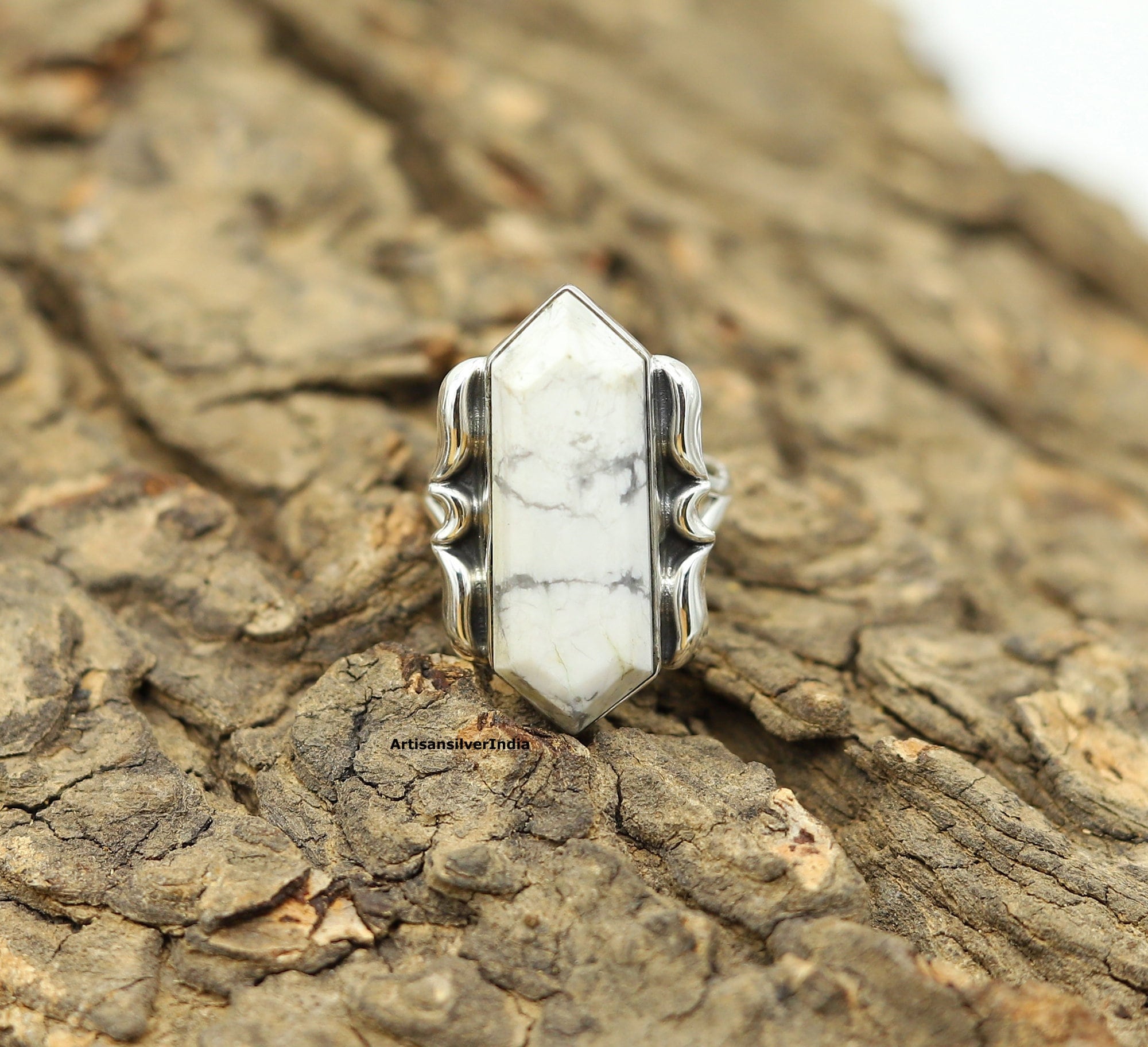 Hexagon Howlite Ring: 925 Sterling Silver Bohemian Jewelry - Etsy