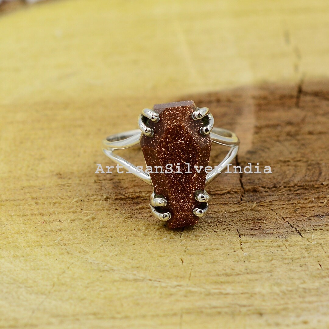 Brown Goldstone Ring, Coffin Goldstone Ring, 925 Solid Silver Ring ...